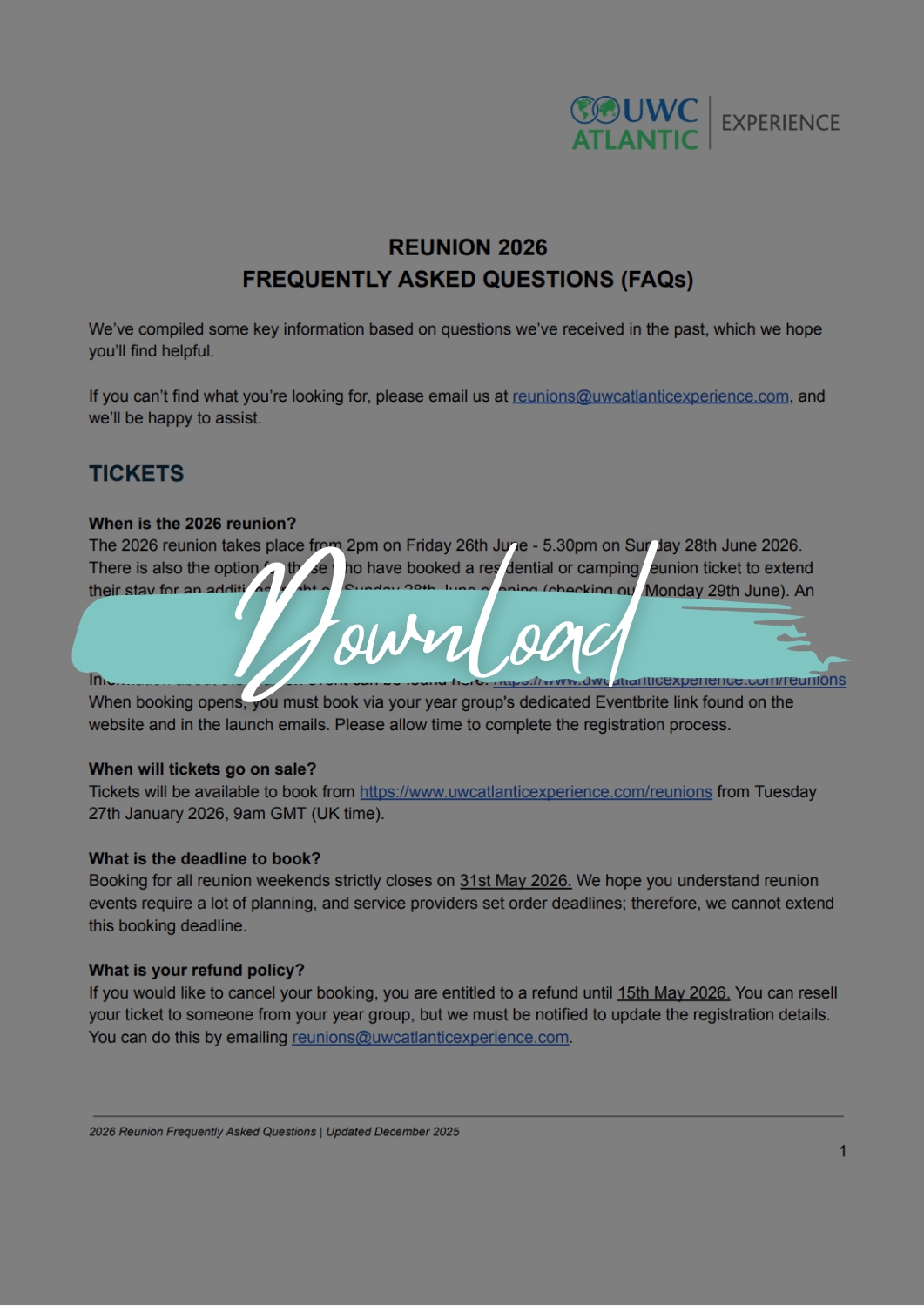 2026 Reunion FAQs | PDF - UWC Atlantic Experience