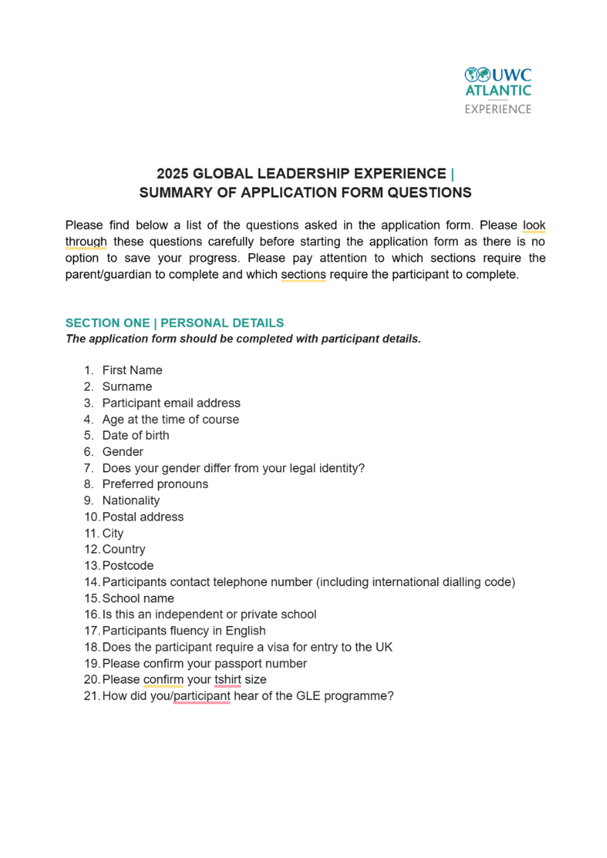 2025 GLE Application Summary of Questions | PDF - UWC Atlantic