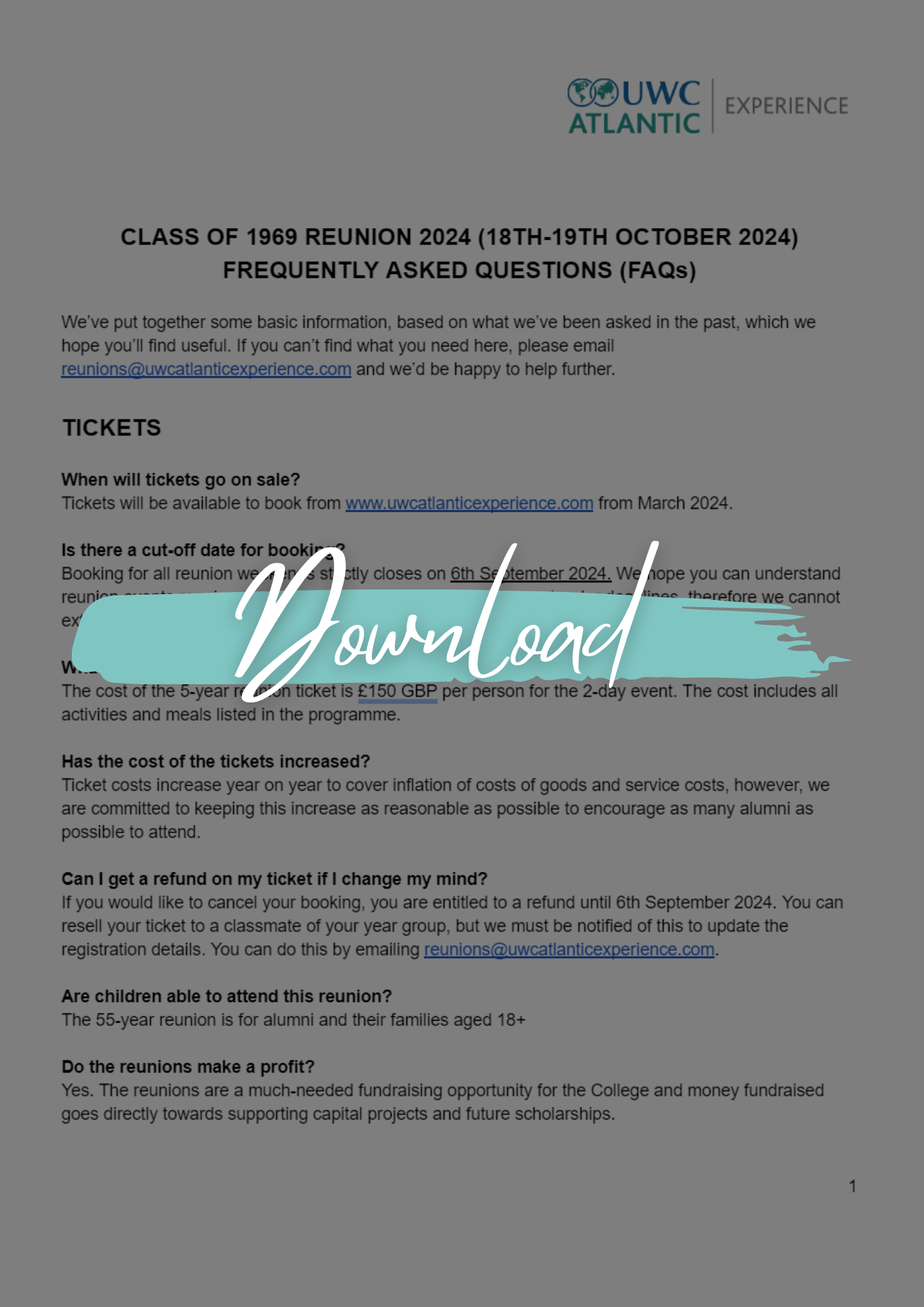 Class of 1969 Reunion FAQs | PDF - UWC Atlantic College